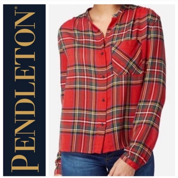 Pendleton | Tops | Pendleton Helena Mandarin Collar Plaid Blouse Xxs ...